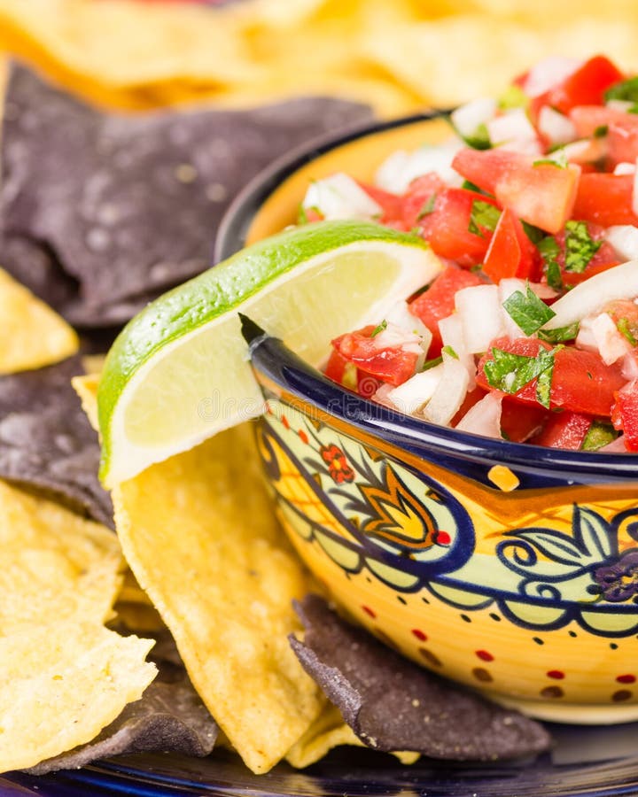 Bowl of Spicy Salsa and Corn Chips Stock Photo - Image of blue, sauces ...
