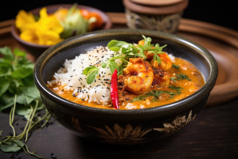 A Bowl of Spicy Tiger Shrimp Prawn Curry with Rice Stock Photo - Image ...