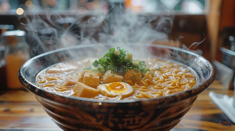 Bowl of Steaming Ramen Stands on a Table in a Japanese Cafe Stock Photo ...