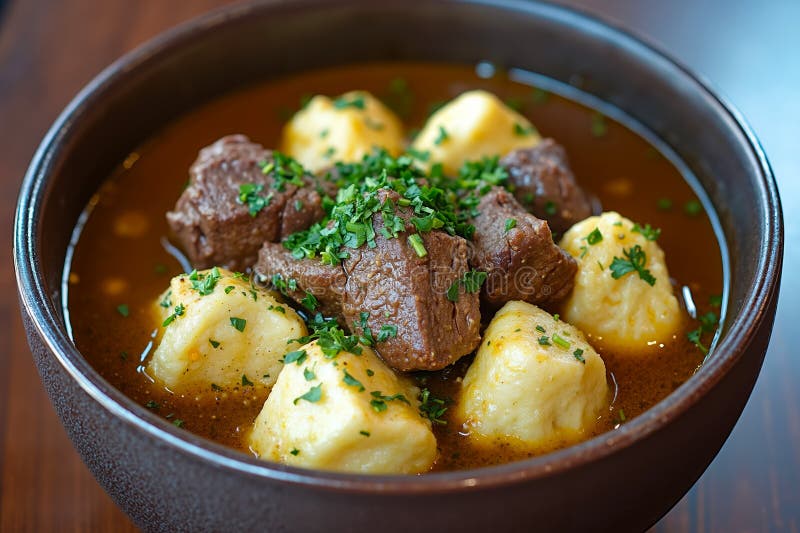 A Bowl of Stew with Dumplings and Meat in it on a Table Stock Image ...