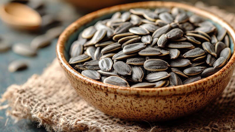 Bowl of Sunflower Seeds on Rustic Cloth Stock Photo - Image of natural ...