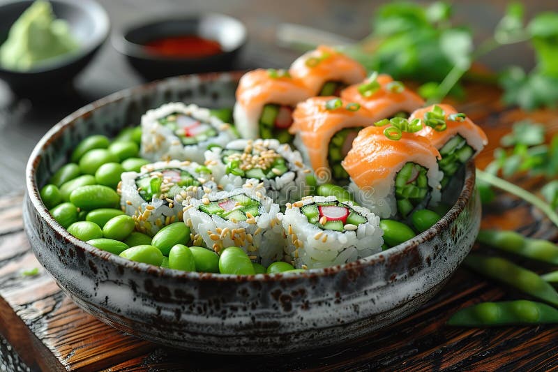 A Bowl of Sushi with a Variety of Rolls and a Side of Edamame Stock ...
