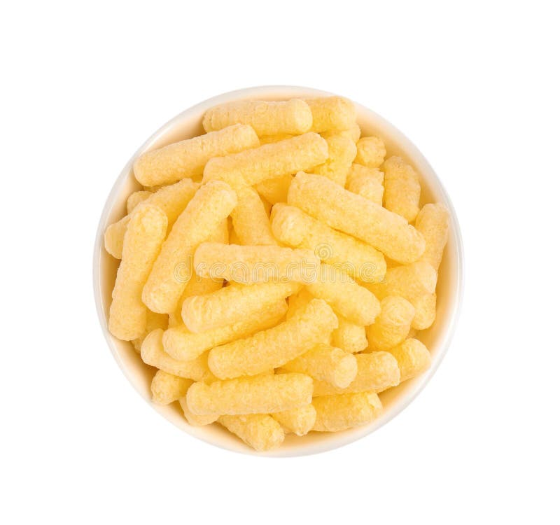 Bowl of Sweet Corn Sticks Isolated on White, Top View Stock Photo ...