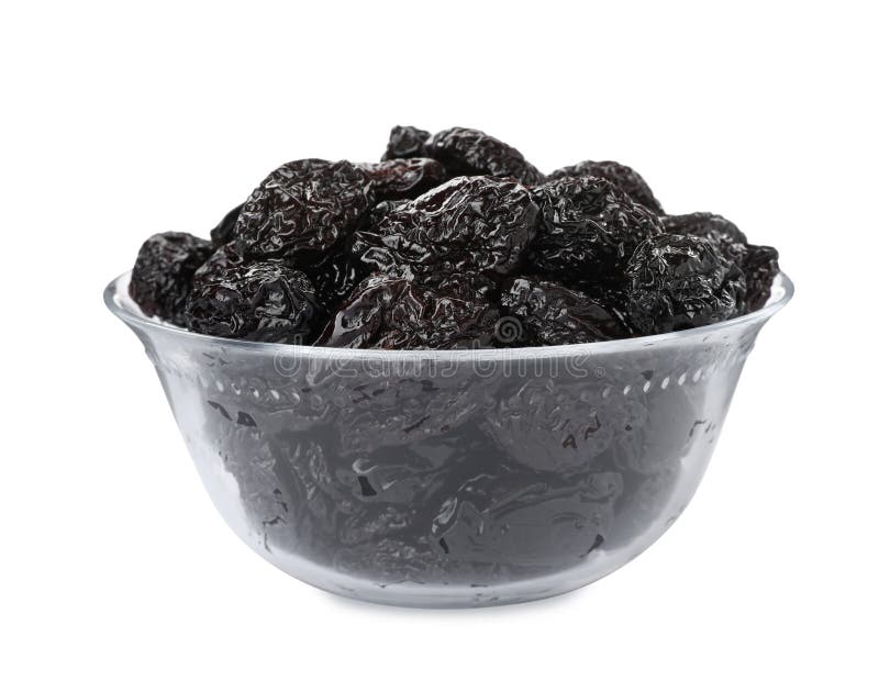 Bowl with Sweet Dried Prunes Isolated on White Stock Image - Image of ...