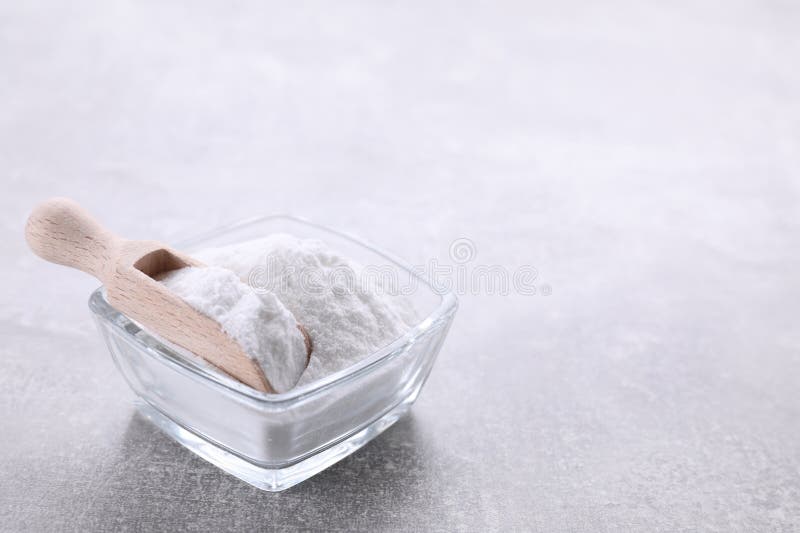 Bowl of Sweet Fructose Powder on Light Grey Table. Space for Text Stock ...