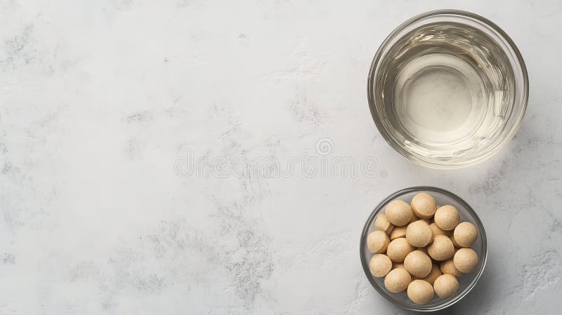 Bowl of Tapioca Pearls and Glass of Water on Light Background Stock ...