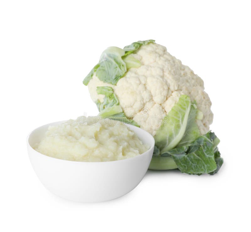 Bowl with Tasty Cauliflower Puree on White Background Stock Image ...