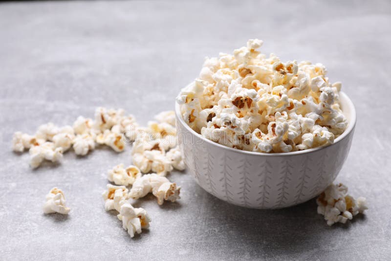 Bowl of Tasty Popcorn on Grey Table, Space for Text Stock Image - Image ...