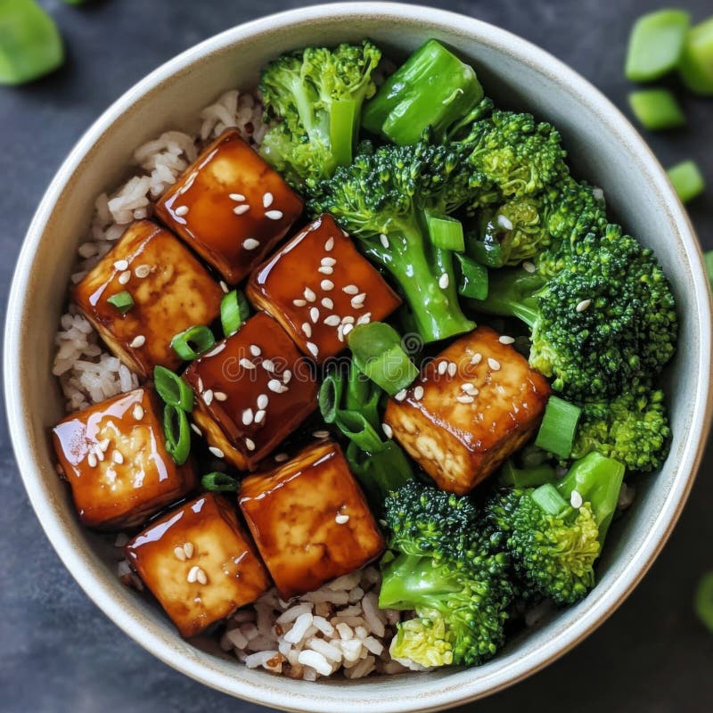 Bowl of Teriyaki Tofu, Brown Rice, and Steamed Broccoli Stock ...