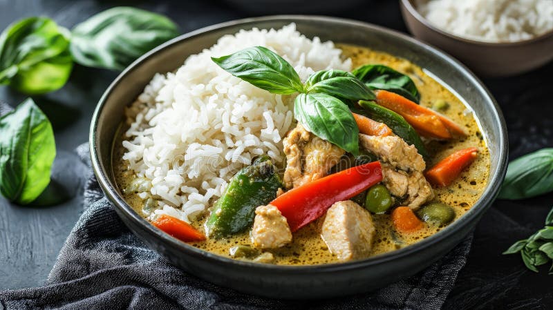 A Bowl of Thai Green Curry with Chicken, Vegetables and Rice Stock ...