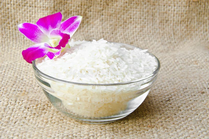 Thai Jasmine Rice in Basket Weave and Lotus Flower Stock Photo - Image ...