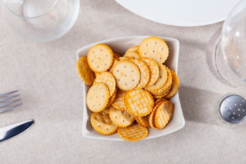 Bowl with Thin Round Crackers with Salt Stock Image - Image of eating ...