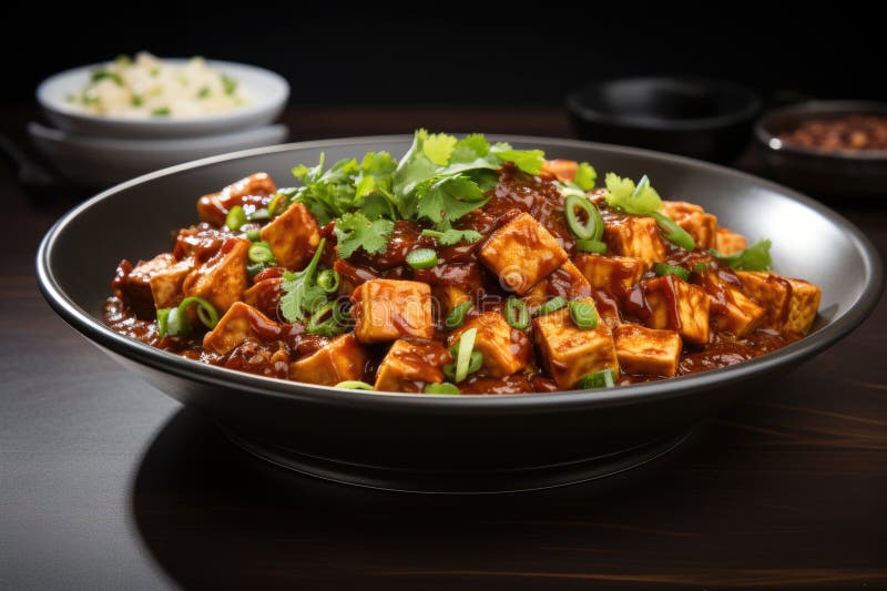 A Bowl of Tofu with a Side of Rice. Sichuan Mapo Tofu Dish. Stock Photo ...