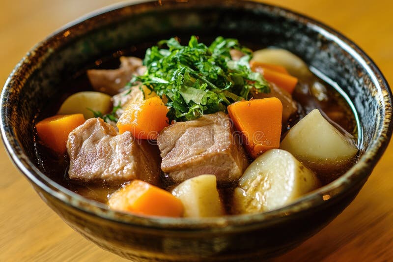 A Bowl of Tonjiru with Pork and Root Vegetables Stock Illustration ...