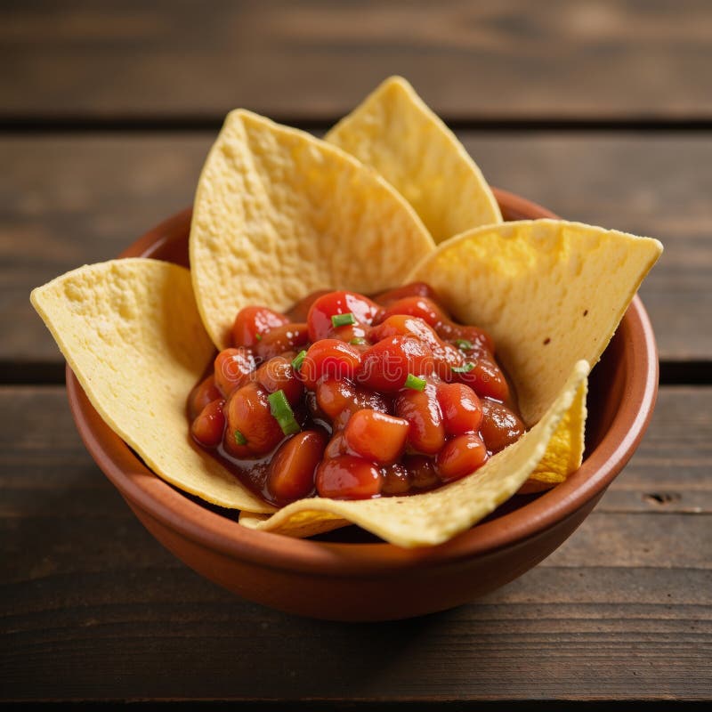 Bowl of Tortilla Chips with Salsa on Wood Table Stock Illustration ...