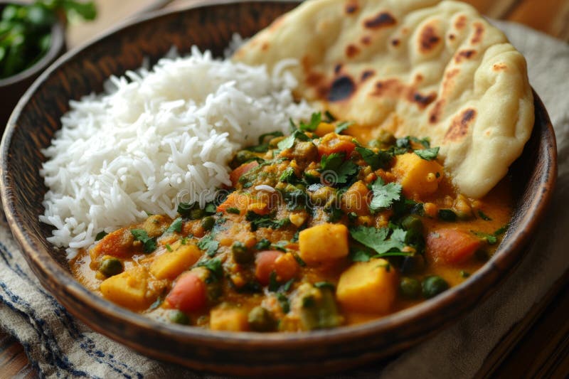 Bowl of Vegetable Curry with Rice and Naan Bread Being Served Stock ...