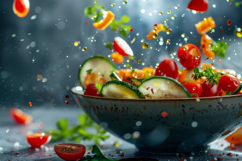 Bowl of Vegetable Salad with Flying Vegetables and Oil Drops. Stock ...