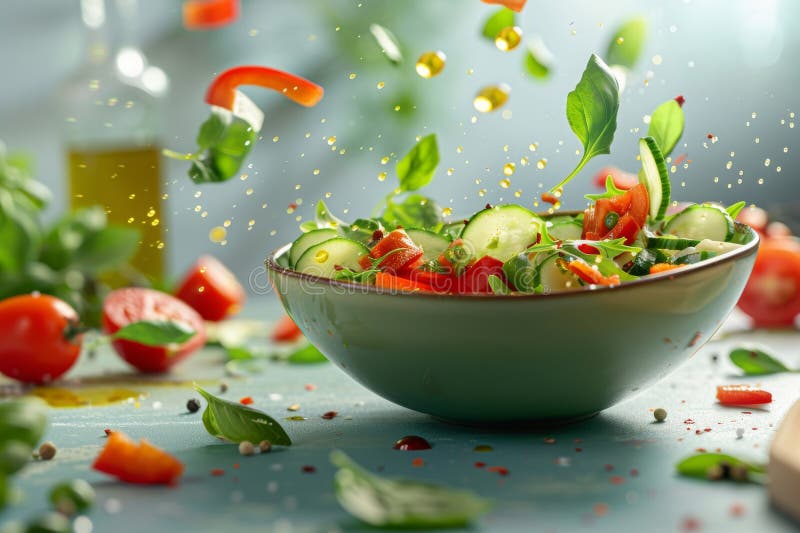 Bowl of Vegetable Salad with Flying Vegetables and Oil Drops. Stock ...