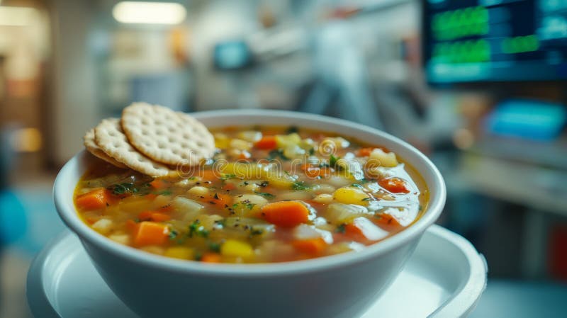 A Bowl of Vegetable Soup with Crackers in a Kitchen Setting. Stock ...