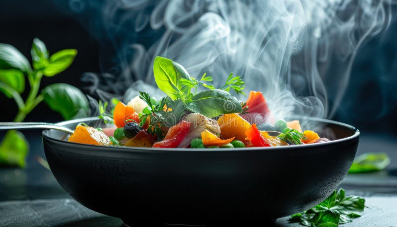 Bowl of Vegetables is Steaming on a Table. Stock Image - Image of ...