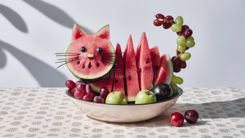 A Bowl of Watermelon and Grapes Arranged in the Shape of a Cat, AI ...