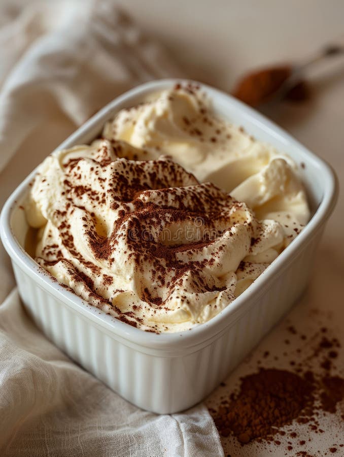 A Bowl of Whipped Cream with Cocoa Powder Topping. Stock Photo - Image ...