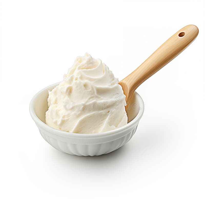 Bowl of Whipped Cream with a Wooden Spoon on a White Background Stock ...