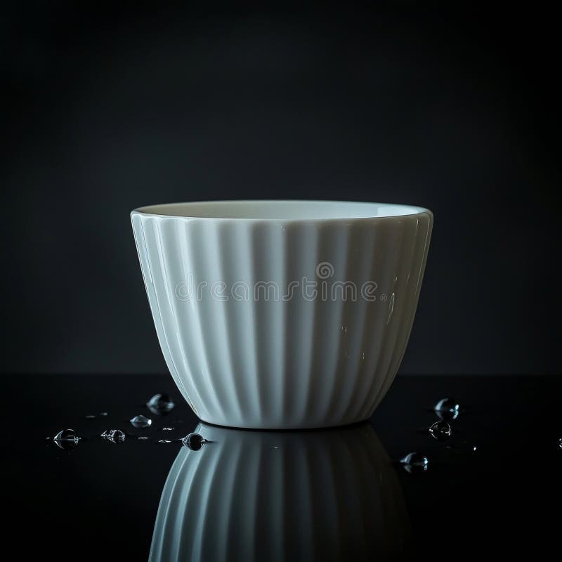 The Bowl is White Porcelain with a Fluted Pattern and Water Drops on ...