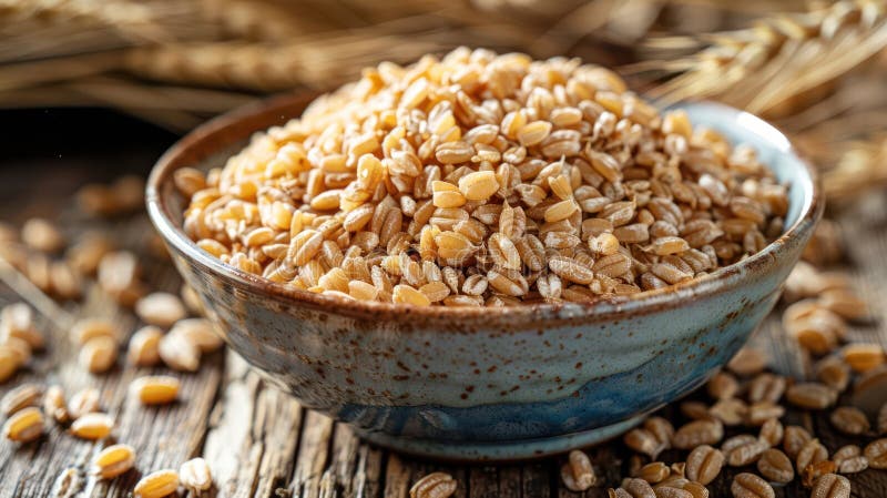 Organic Farro Grain in Rustic Bowl, Close-up Photo Stock Illustration ...