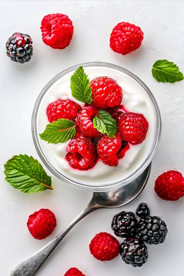 A Bowl of Yogurt with Raspberries and Blackberries on a White Surface ...