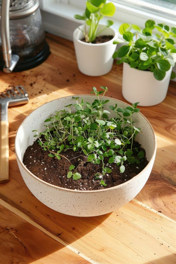 A Bowl with Young Plants in Soil on a Wooden Kitchen Counter with ...