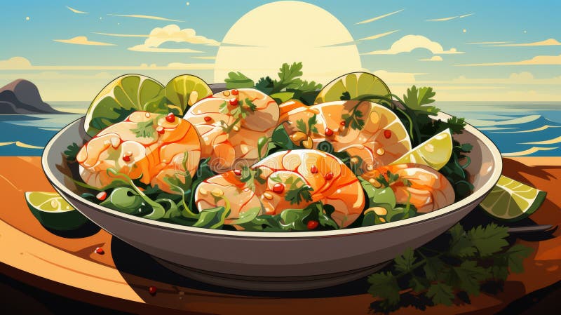 Bowl of Zesty Seafood Ceviche Flat Illustration Stock Illustration ...