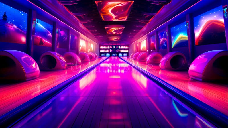 Bowling Alley with Neon Lights and Bowling Balls on the Bowling Alley ...
