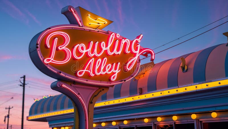 Bowling Alley Neon Sign Shining at Dusk Stock Illustration ...