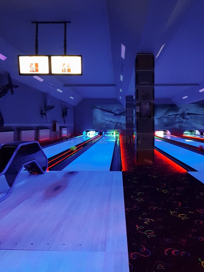 Bowling Alley at night stock image. Image of fitness - 137265979