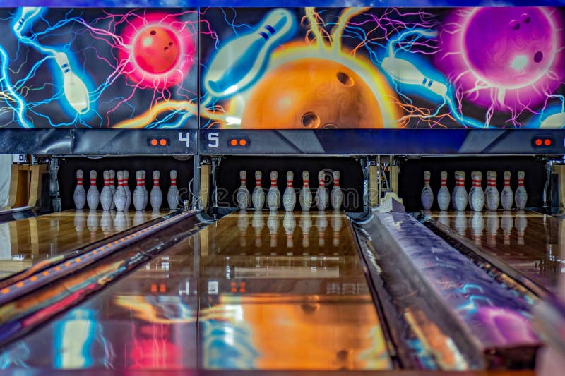 A Bowling Alley with Bowling Pins and Bowling Balls Stock Image - Image ...