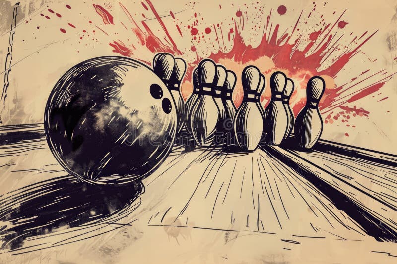 A Bowling Ball Crashes into the Pins, with Broken and Scattered Pins ...
