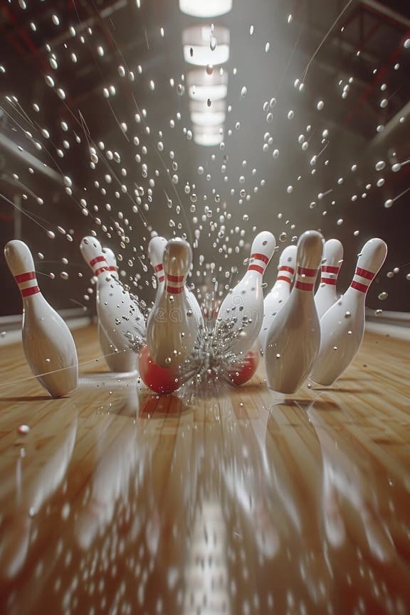 A Bowling Ball Crashes into the Pins on a Bowling Lane, Creating a ...