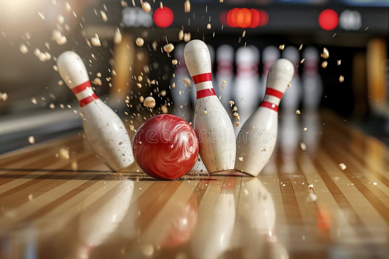 Bowling Ball Crashing into the Pins on Bowling Alley Line. Generative ...