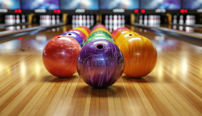 Bowling Ball at the Front of a Pins with Many Other Bowling Balls Stock ...