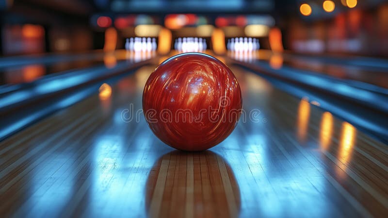 Bowling Ball on Lane with Bright Lights and Reflection Stock ...