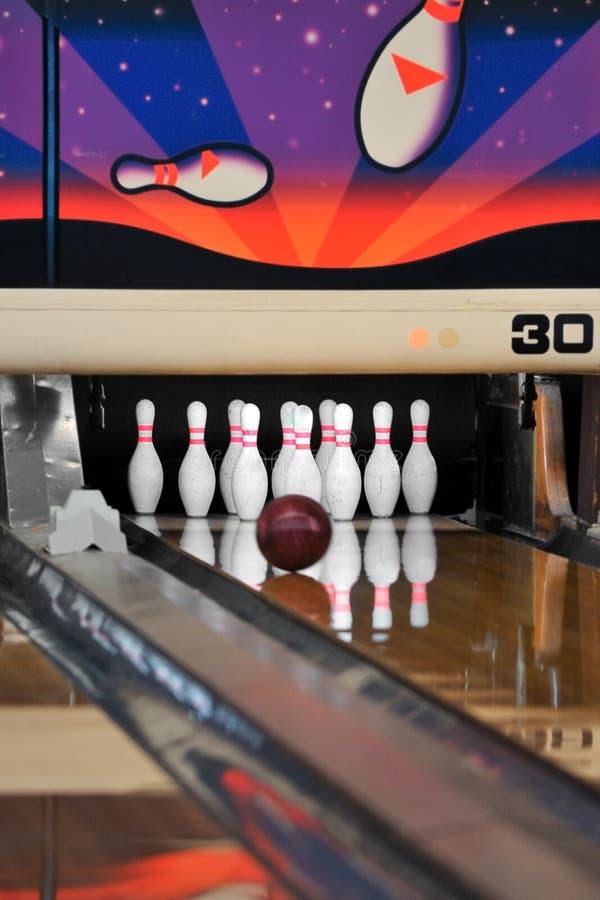 Bowling - Ball Reaching Pins Vertical Stock Image - Image of indoors ...