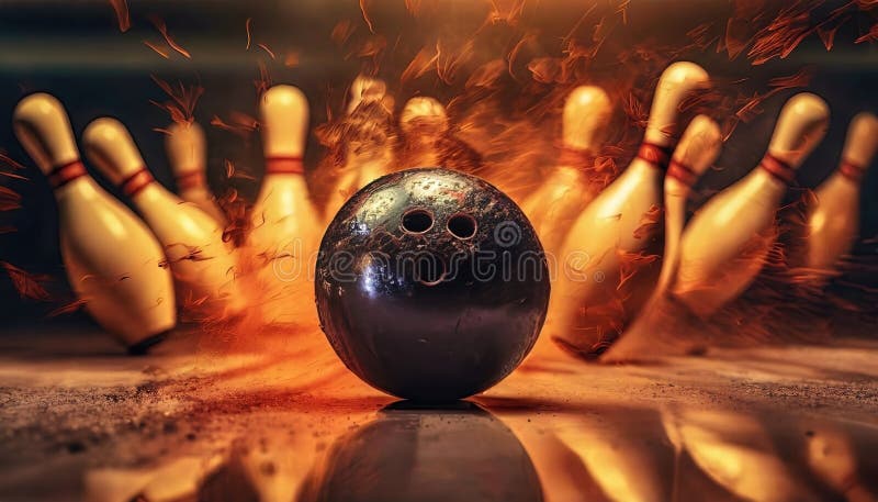 Bowling Ball Strikes Pins with a Fiery Explosion Effect. the Scene ...