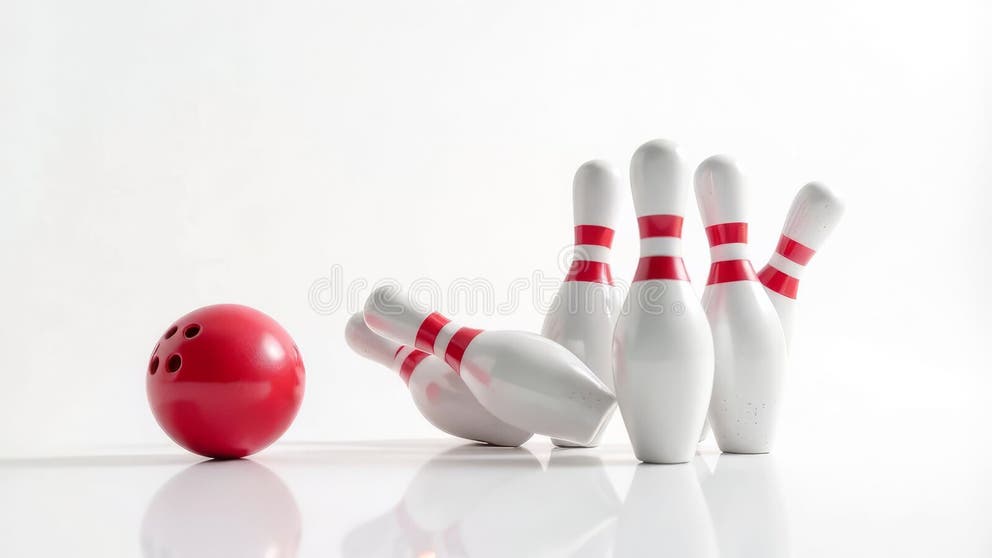 Bowling Game with Red Ball Hitting White Pins on Reflective Surface ...