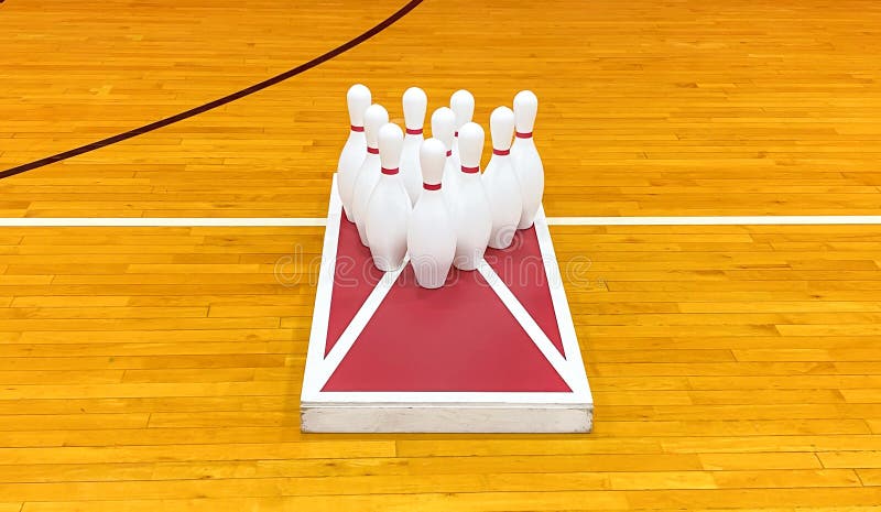 Bowling Pins on a Cornhole Game Board in a Gym for Gym Class Stock ...