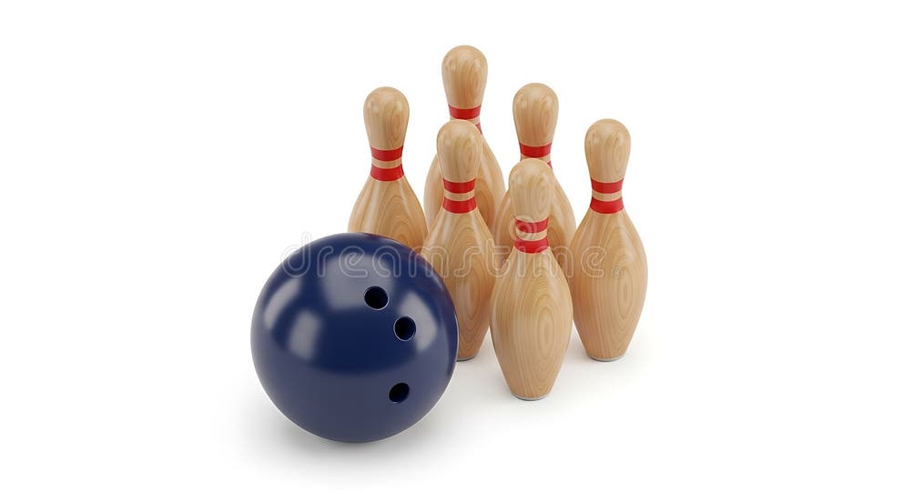 Bowling Setup with Six Wooden Pins Featuring Red Stripes, Arranged in a ...