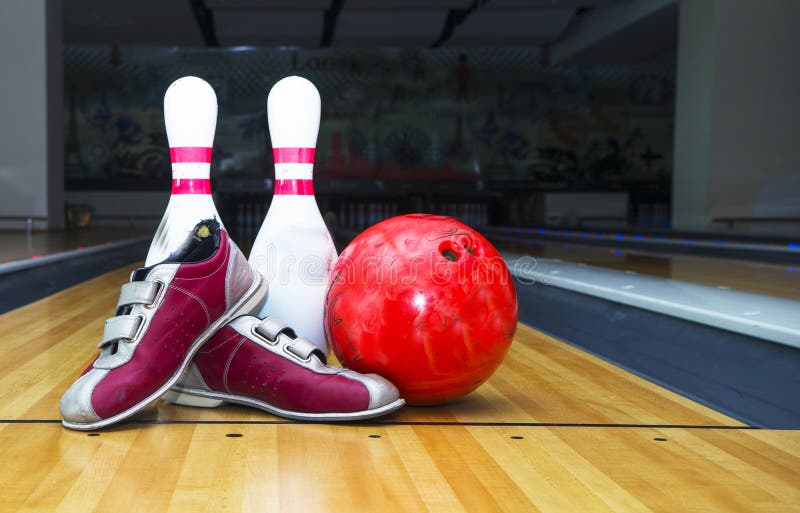 Bowling Shoes, Bowling Pins and Ball for Play in Bowling Stock Image ...