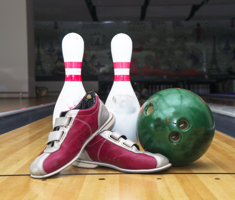 Bowling Shoes, Bowling Pins and Ball for Play in Bowling Stock Image ...