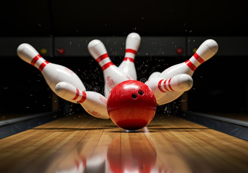 Bowling Strike: Red Ball and Flying Pins Stock Illustration ...