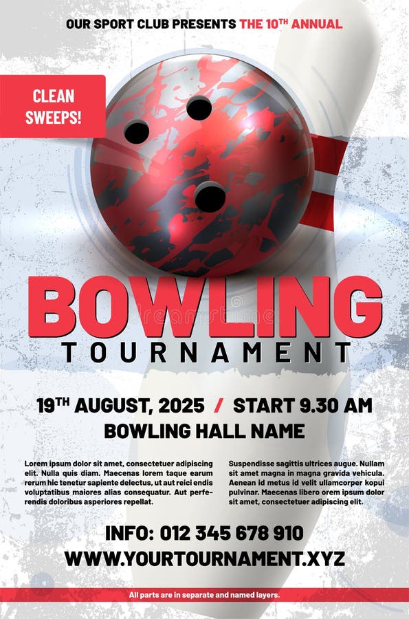 Bowling Tournament Poster Template with Ball and Sample Text Stock ...